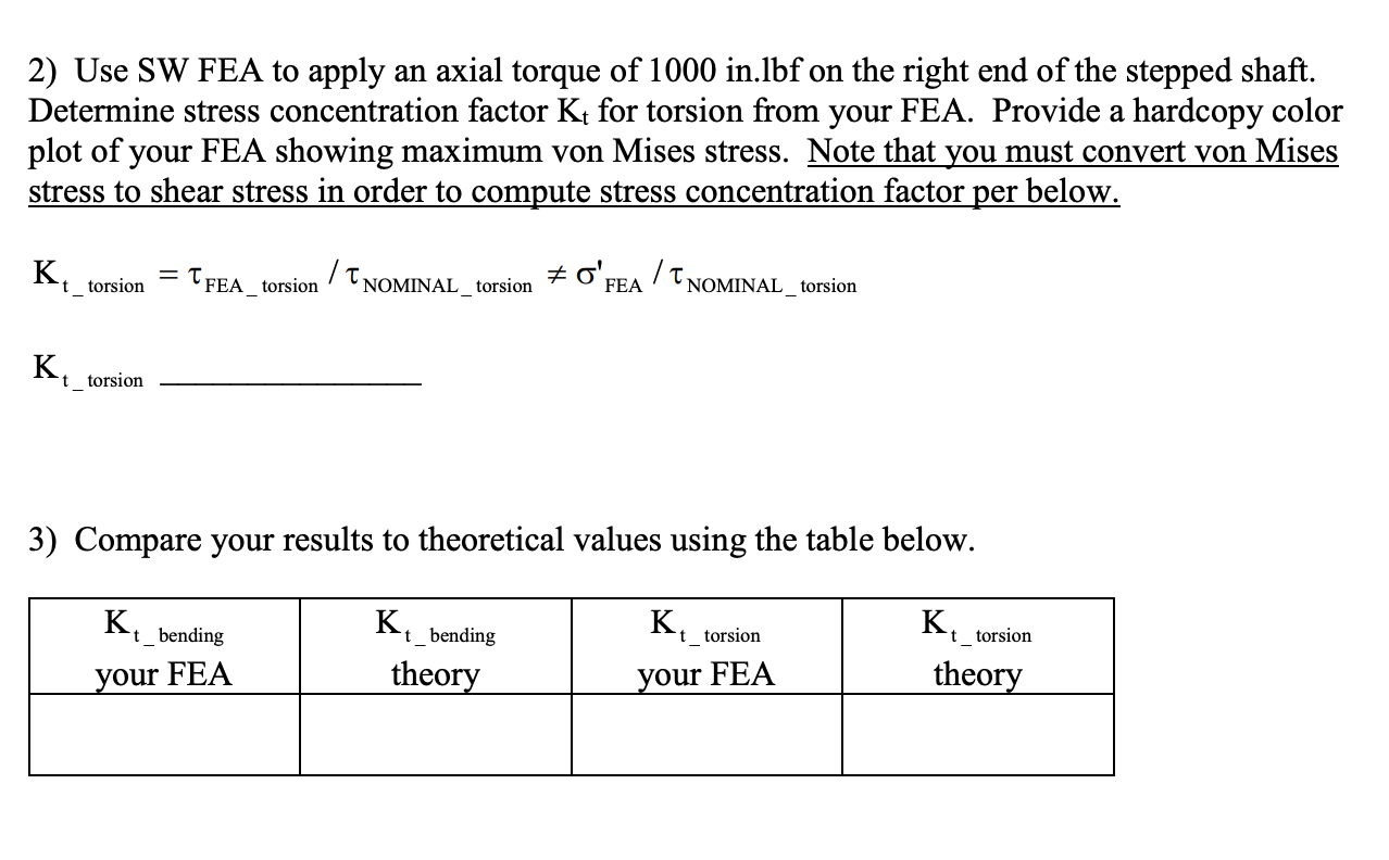 2) Use SW FEA to apply an axial torque of 1000 in.lbf | Chegg.com