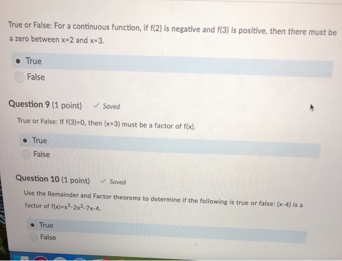 Solved True or False: For a continuous function, if f(2) is | Chegg.com