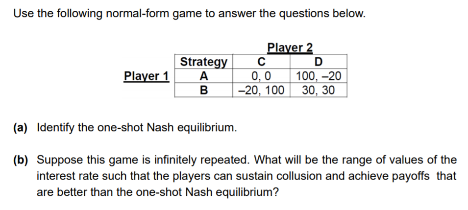 Solved Use the following normal-form game to answer the | Chegg.com