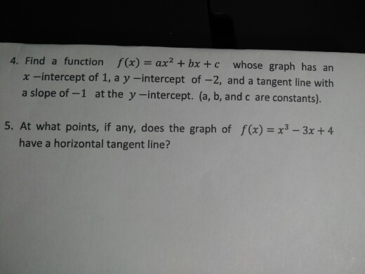 Solved 4. Find a function f(x) = ax + bx+c whose graph has | Chegg.com