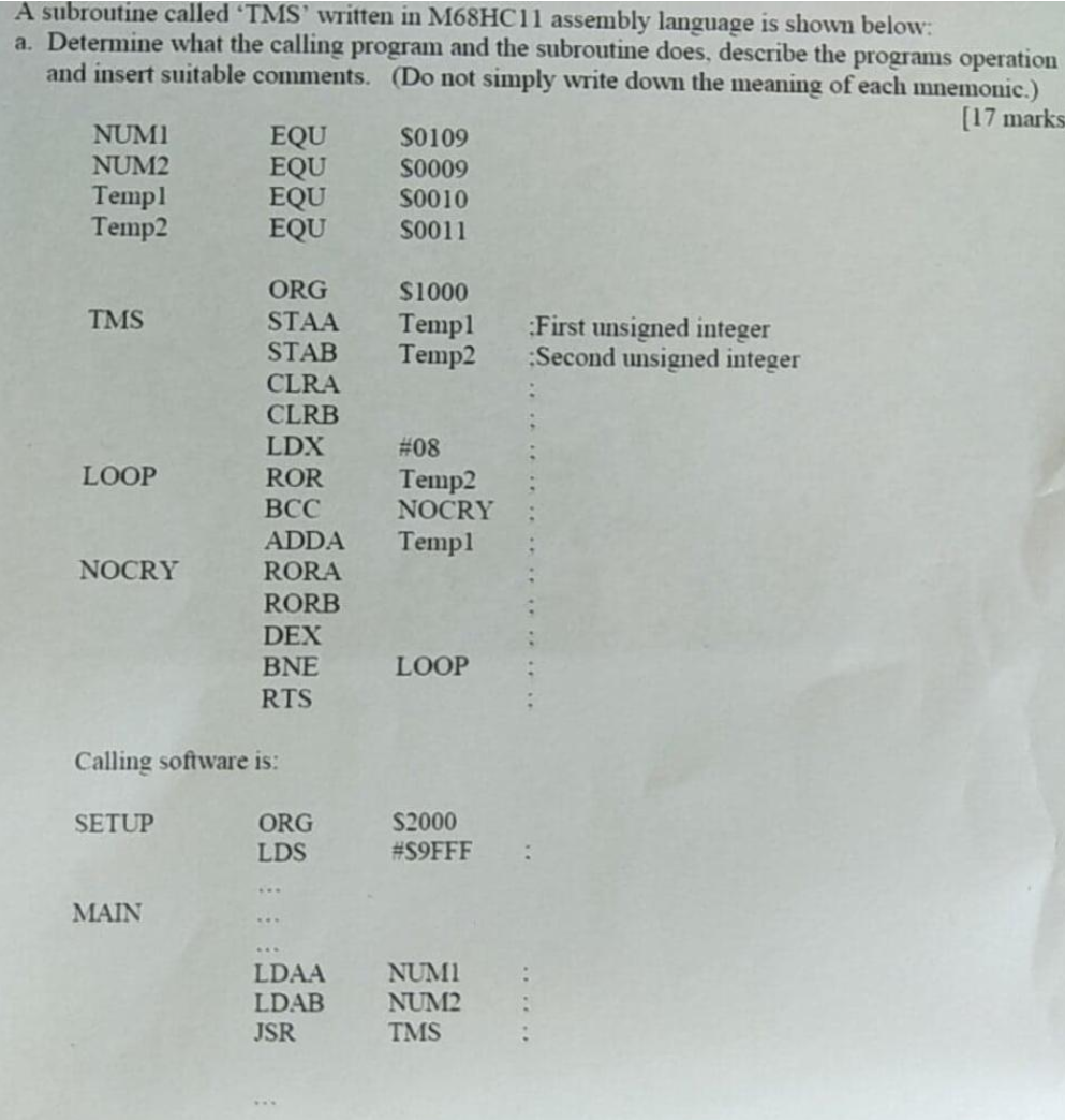 Solved A subroutine called 'TMS' written in M68HC11 assembly | Chegg.com