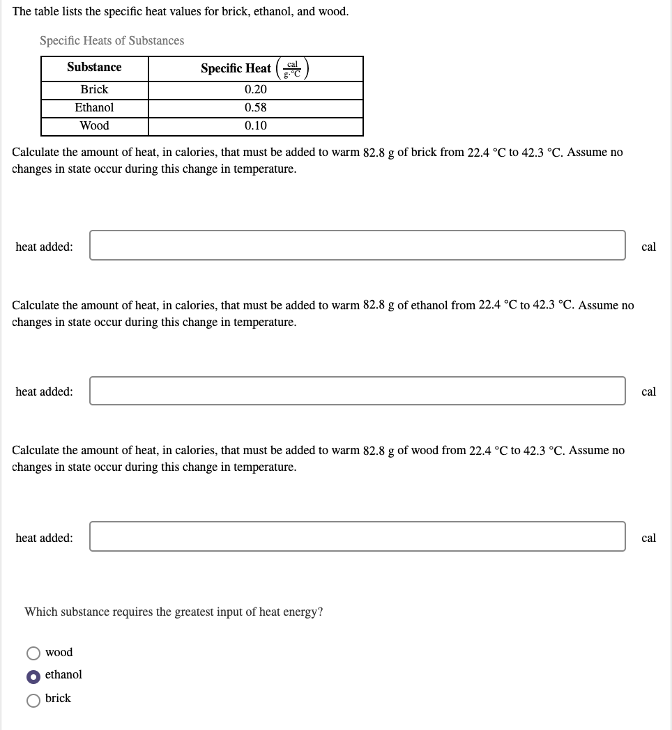 Solved The table lists the specific heat values for brick, | Chegg.com