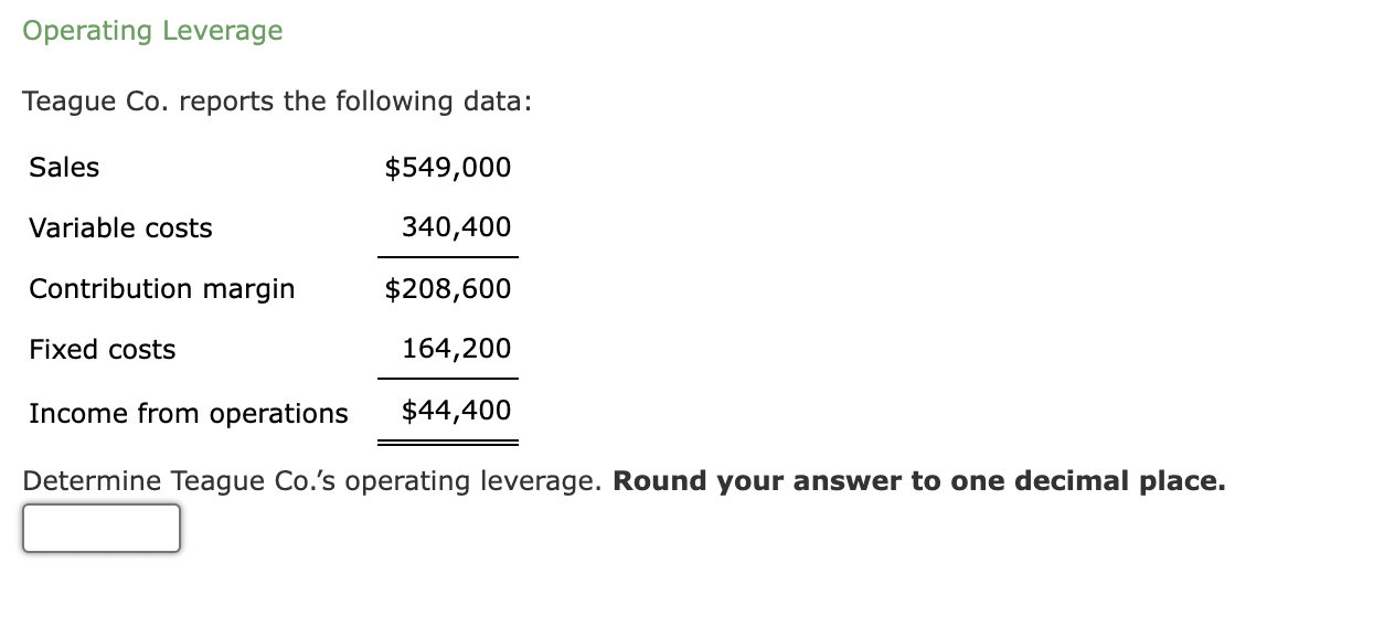 Solved Operating Leverage Teague Co. reports the following | Chegg.com