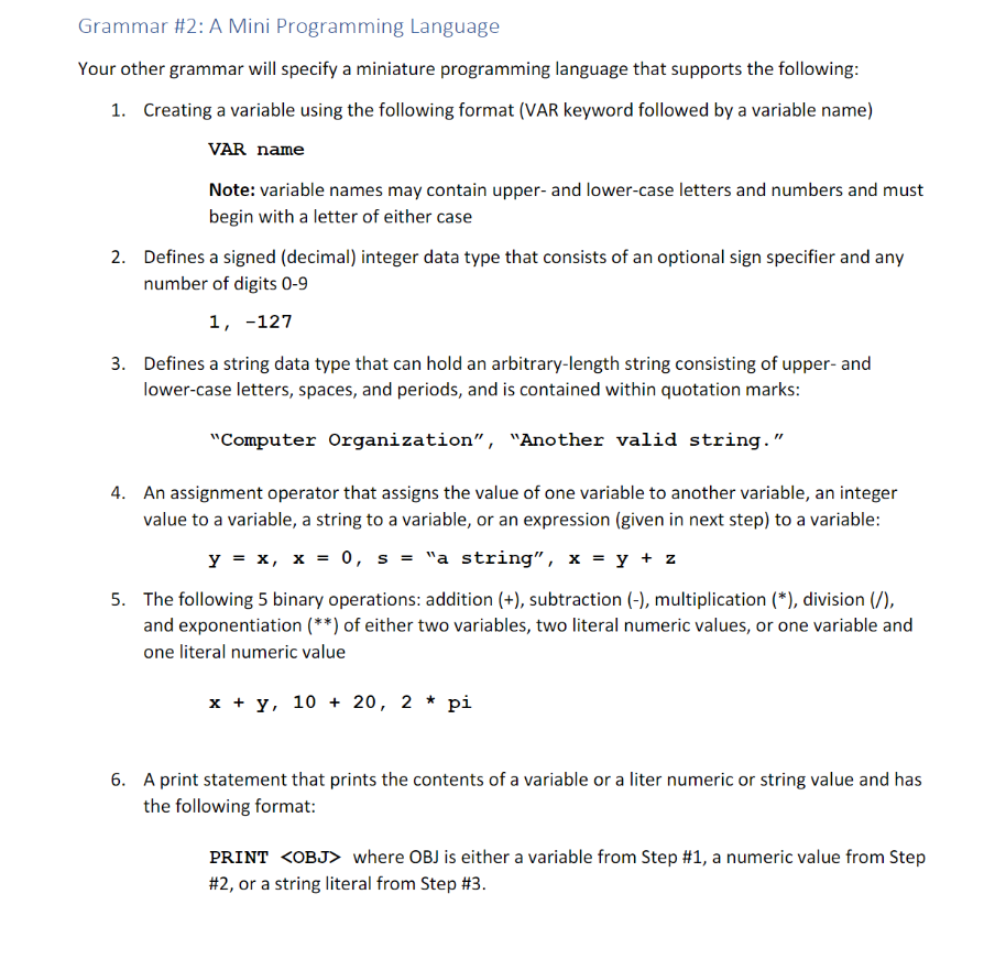 Solved Grammar #2: A Mini Programming Language Your other | Chegg.com