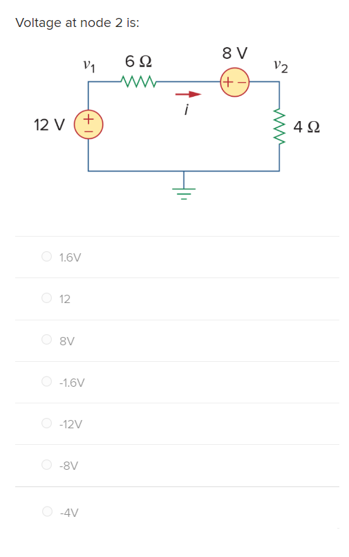 Solved Voltage at node 2 is: 1.6V 12 8V −1.6 V −12 V −8V −4V | Chegg.com