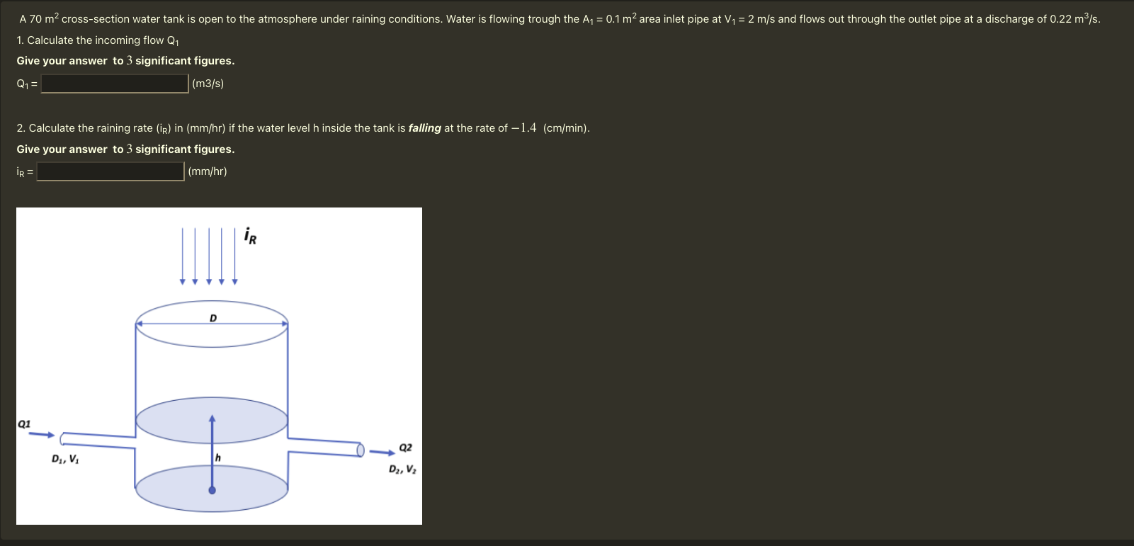 Solved A 70 m2 cross-section water tank is open to the | Chegg.com