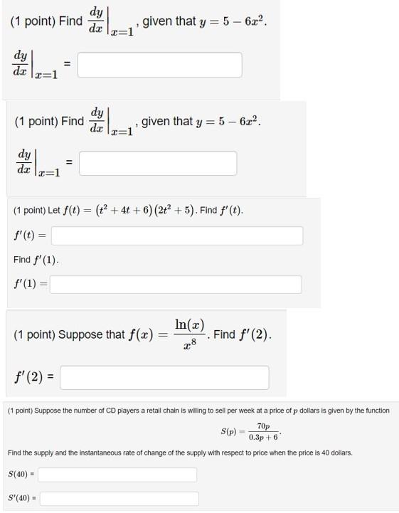 Solved dy (1 point) Find dar given that y=5 - 6x2. dy dar (1 | Chegg.com Solved dy (1 point) Find dar given that y=5 - 6x2. dy dar (1 | Chegg.com