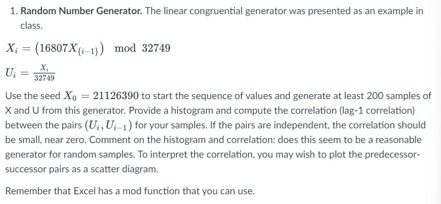 1. Random Number Generator. The linear congruential | Chegg.com