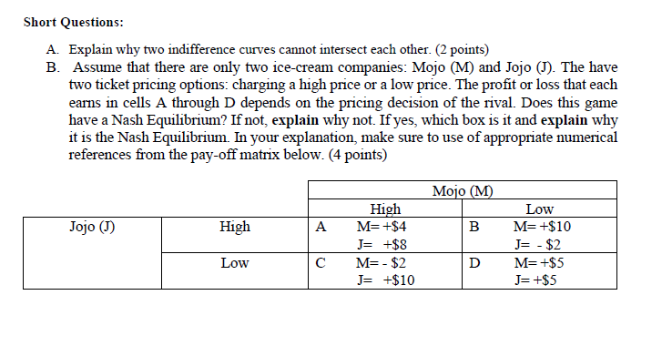 Solved Short Questions: A. Explain why two indifference | Chegg.com