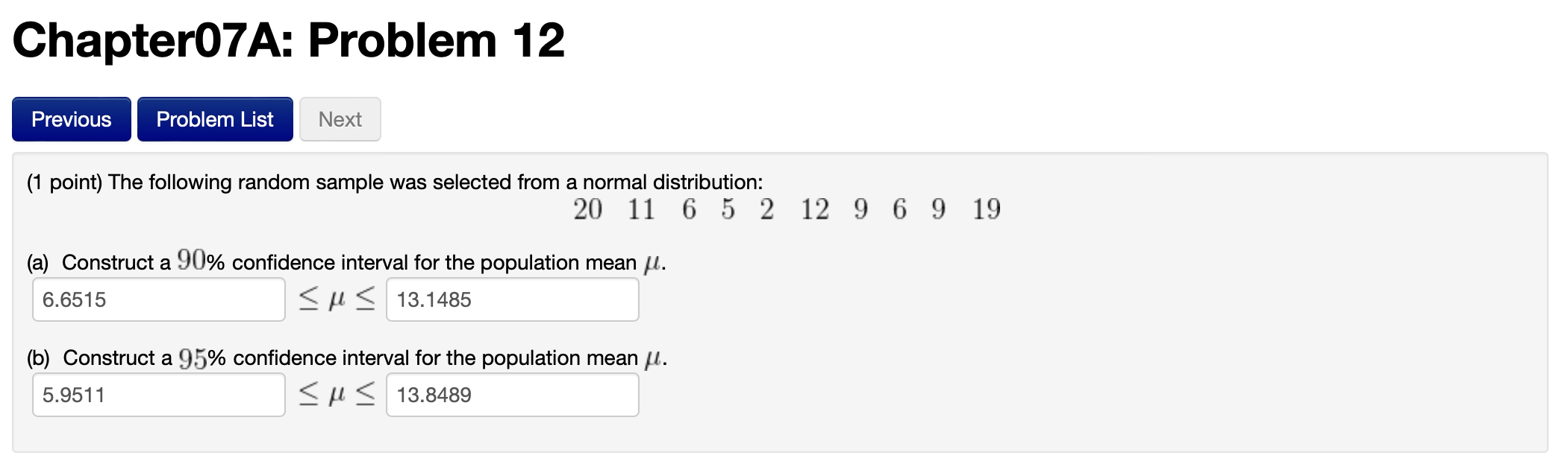 Solved (1 point) The following random sample was selected | Chegg.com