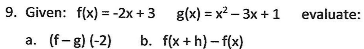 Solved evaluate: 9. Given: f(x) = -2x + 3 g(x) = x2 – 3x + 1 | Chegg.com