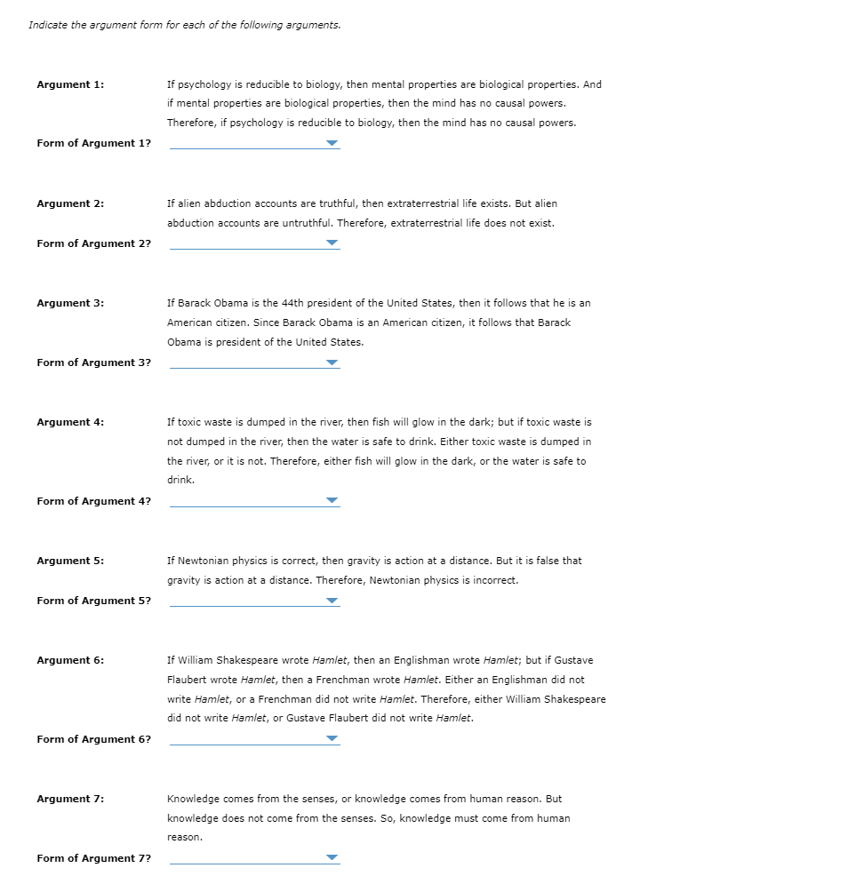 Indicate the argument form for each of the following | Chegg.com