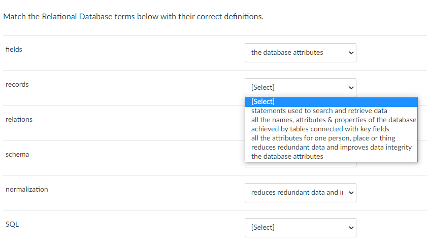 Solved Match the Relational Database terms below with their | Chegg.com