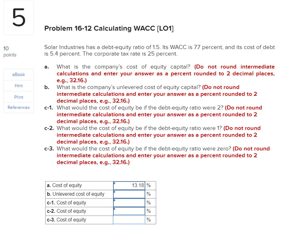 Solved UT Problem 16-12 Calculating WACC (LO1] 10 Solar | Chegg.com
