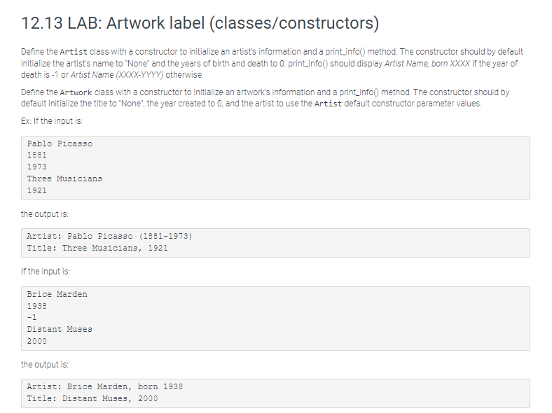 Solved 12.13 LAB: Artwork label (classes/constructors) | Chegg.com
