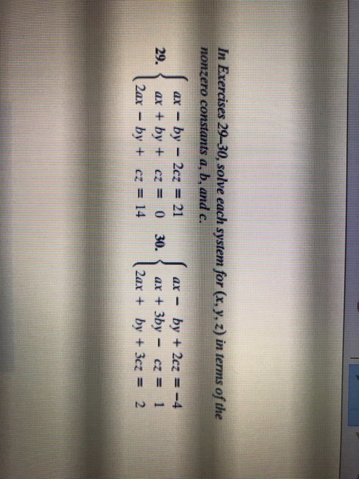 Solved In Exercises 29-30, solve each system for (x, y, z) | Chegg.com