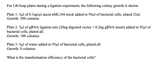 Solved For LB/Amp plates during a ligation experiment, the | Chegg.com