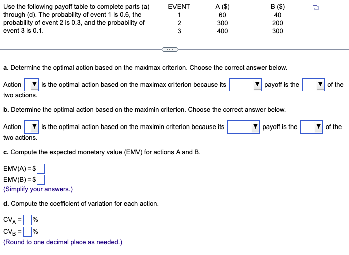 Solved Use the following payoff table to complete parts (a) | Chegg.com