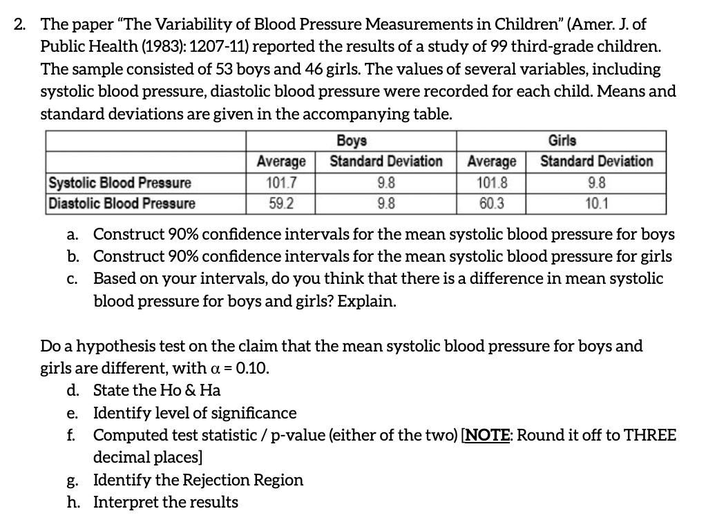 Solved The paper "The Variability of Blood Pressure | Chegg.com