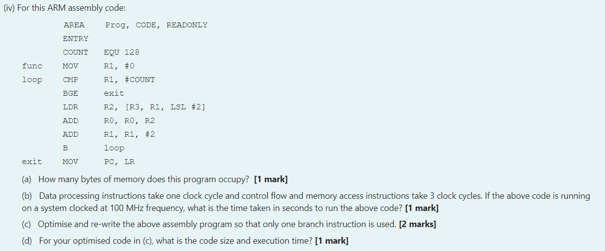 (iv) For this ARM assembly code: AREA Prog, CODE, | Chegg.com