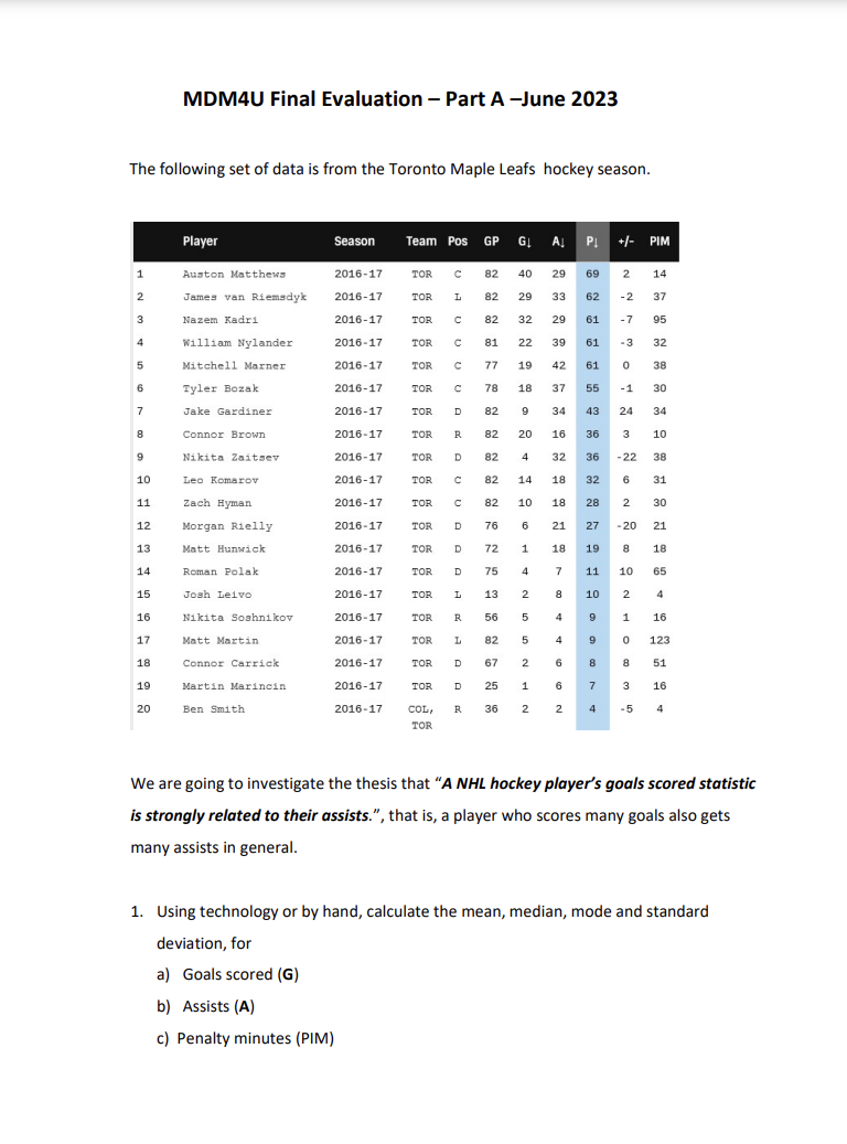 Solved MDM4U Final Evaluation - Part A -June 2023 The | Chegg.com