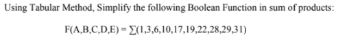 Solved Using Tabular Method, Simplify the following Boolean | Chegg.com