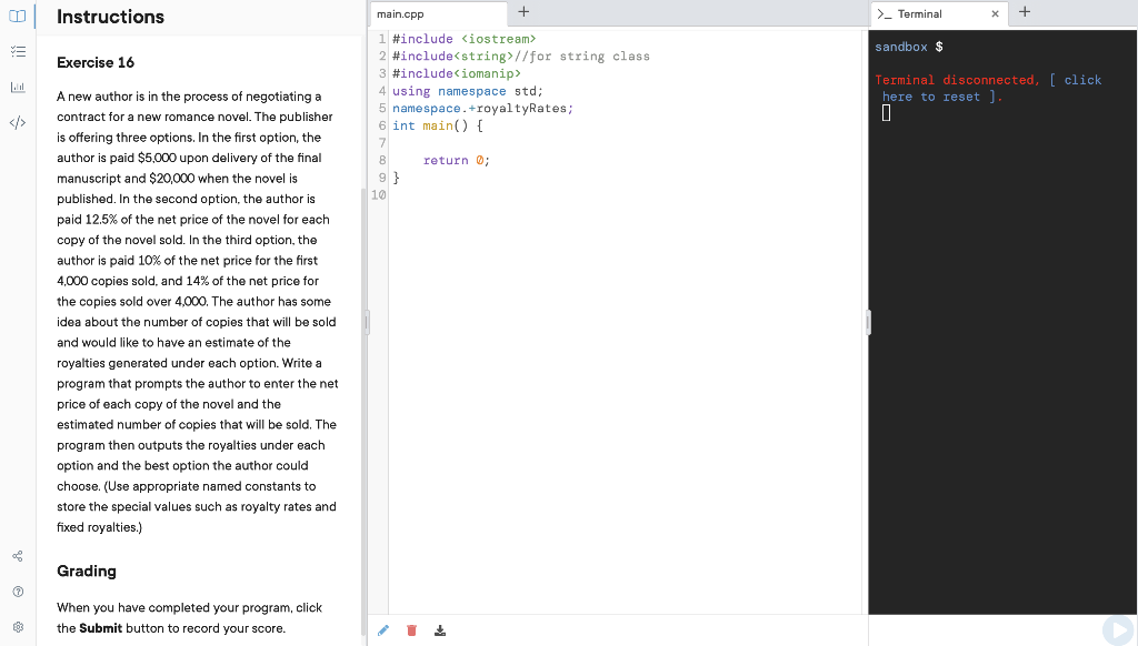 Solved + main.cpp Instructions - >_ Terminal X + + VE | Chegg.com
