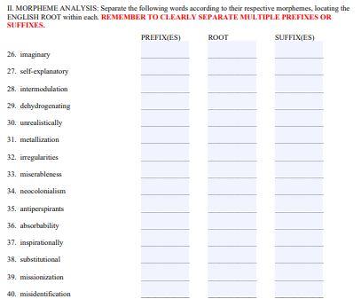 II. MORPHEME ANALYSIS; Separate the following words | Chegg.com