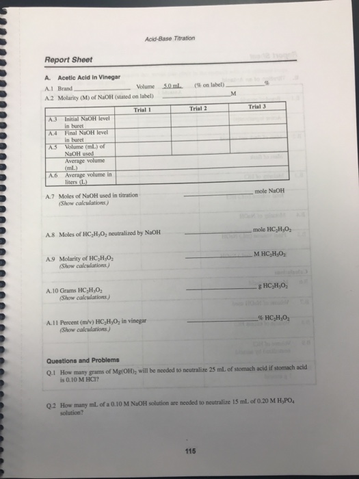 Solved Acid-Base Titration Report Sheet A. Acetic Acid in | Chegg.com