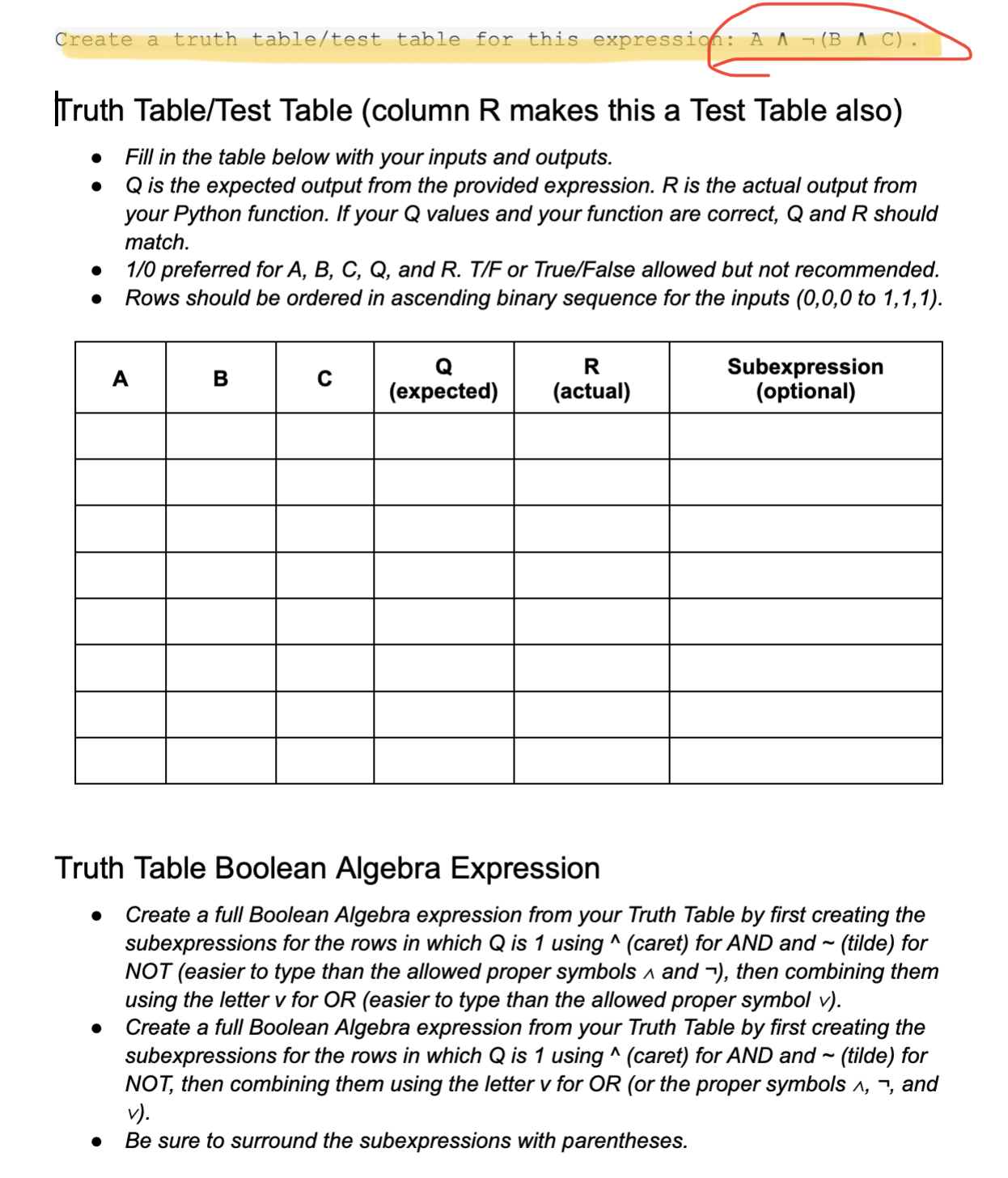 Solved Truth Table/Test Table (column R makes this a Test | Chegg.com