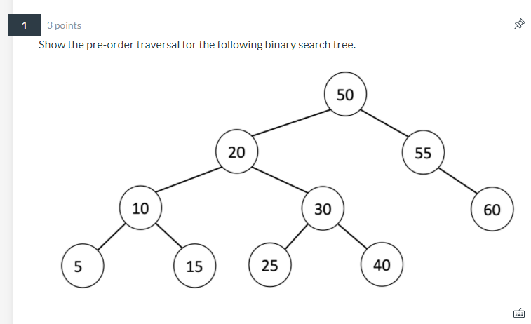 Solved 1 3 points Show the pre-order traversal for the | Chegg.com