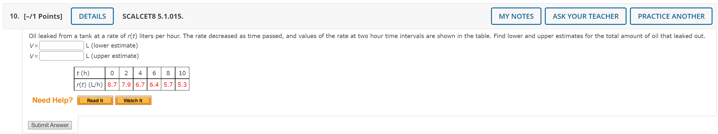 Solved 10. [-/1 Points] SCALCET8 5.1.015. V≈ L (lower | Chegg.com