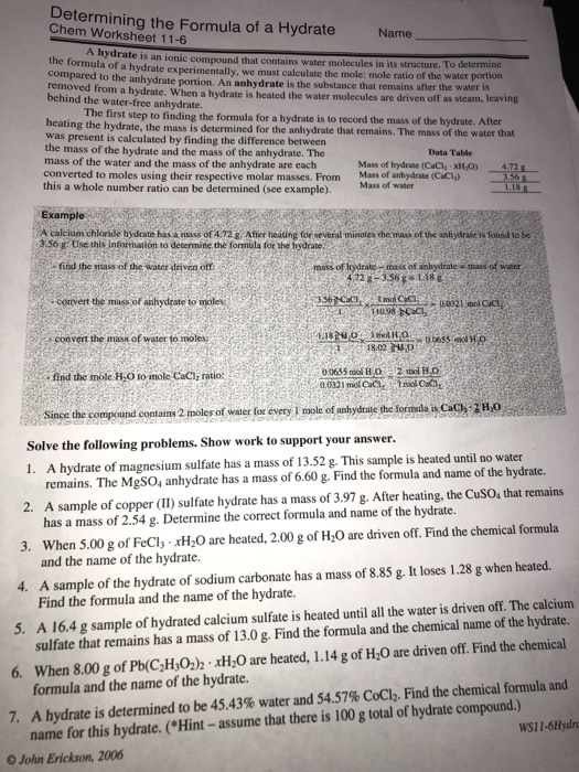 Solved Etermining The Formula Of A Hydrate Chem Worksheet Chegg
