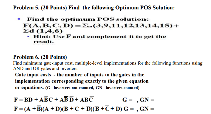 Solved Problem 5. (20 Points) Find the following Optimum POS | Chegg.com