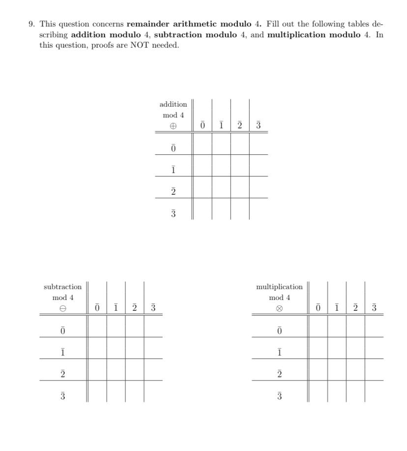 Solved 9. This question concerns remainder arithmetic modulo | Chegg.com