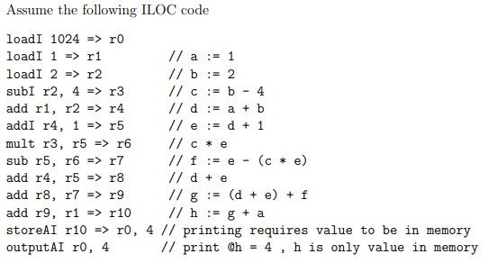 Assume the following ILOC code loadI 1024 => ro loadI | Chegg.com