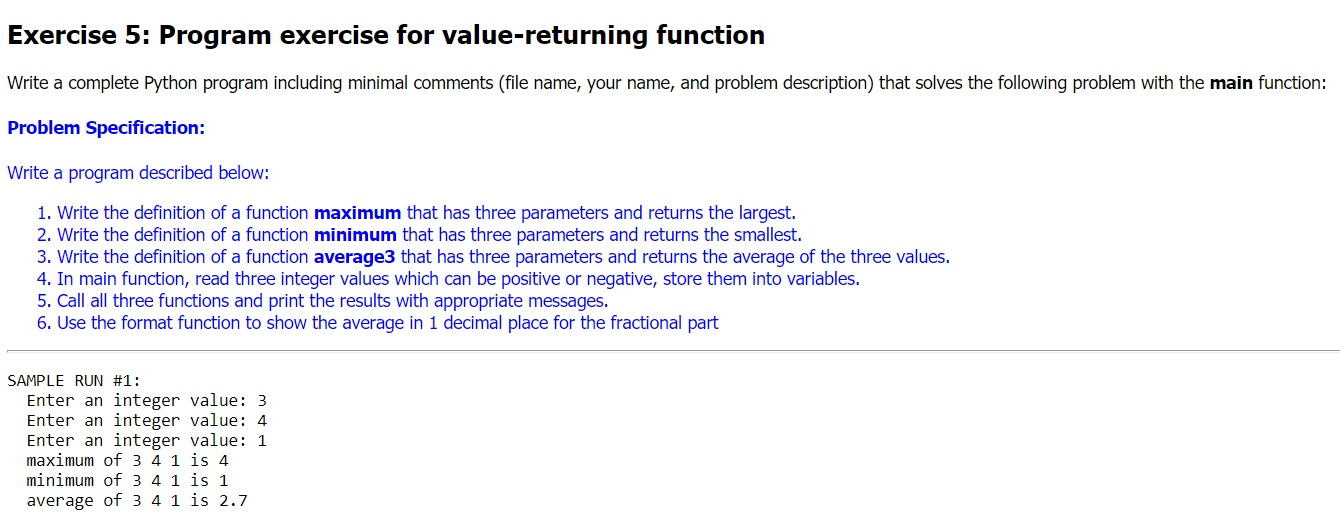 Solved Exercise 5 Program Exercise For Value Returning
