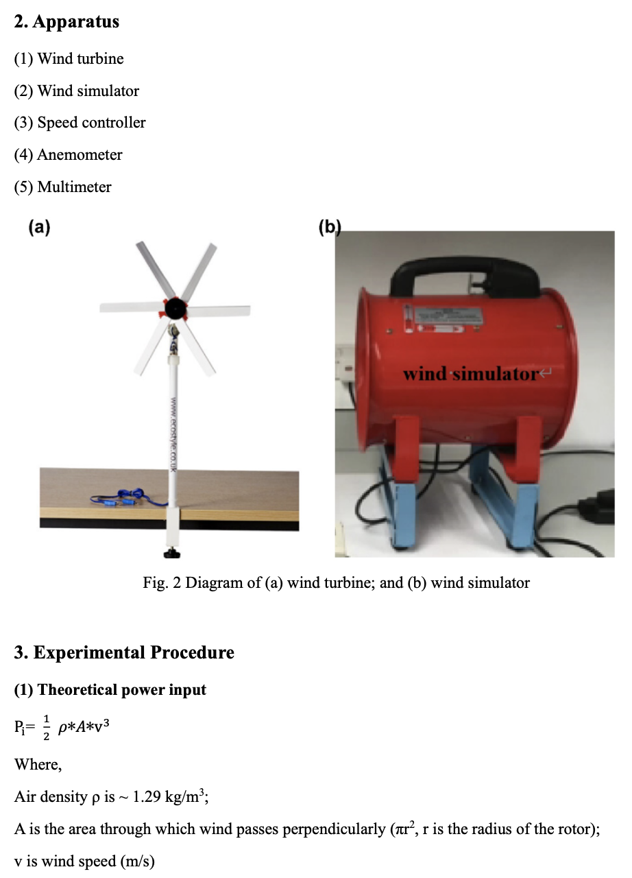 Solved 2. Apparatus (1) Wind turbine (2) Wind simulator (3) | Chegg.com