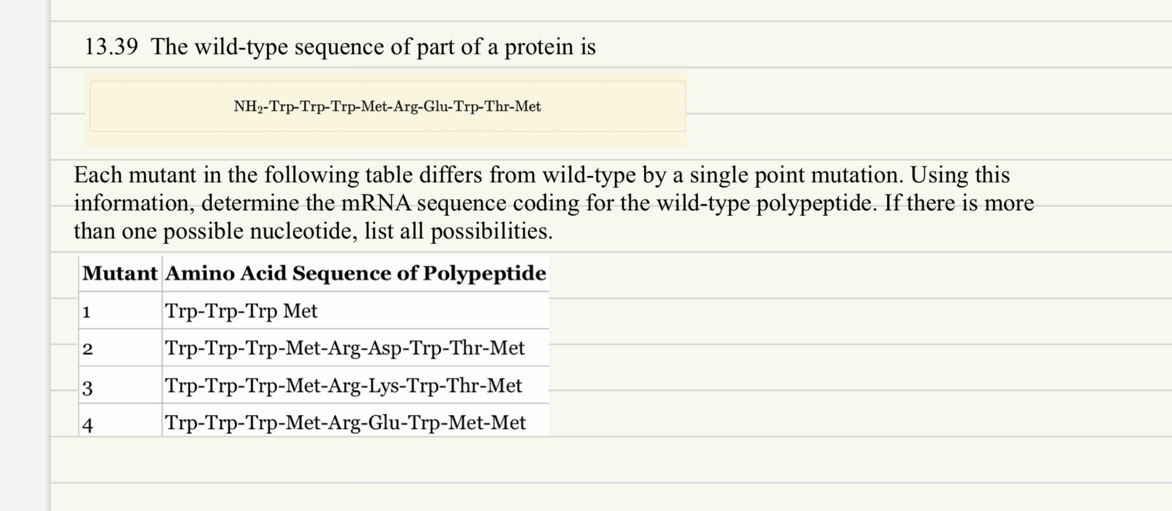 Solved 13.39 ﻿The wild-type sequence of part of a protein | Chegg.com