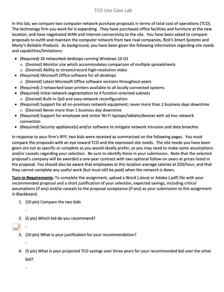 Solved TCO Use Case Lab In this lab, we compare two computer | Chegg.com