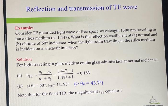 Solved Reflection and transmission of TE wave Example: | Chegg.com Solved Reflection and transmission of TE wave Example: | Chegg.com
