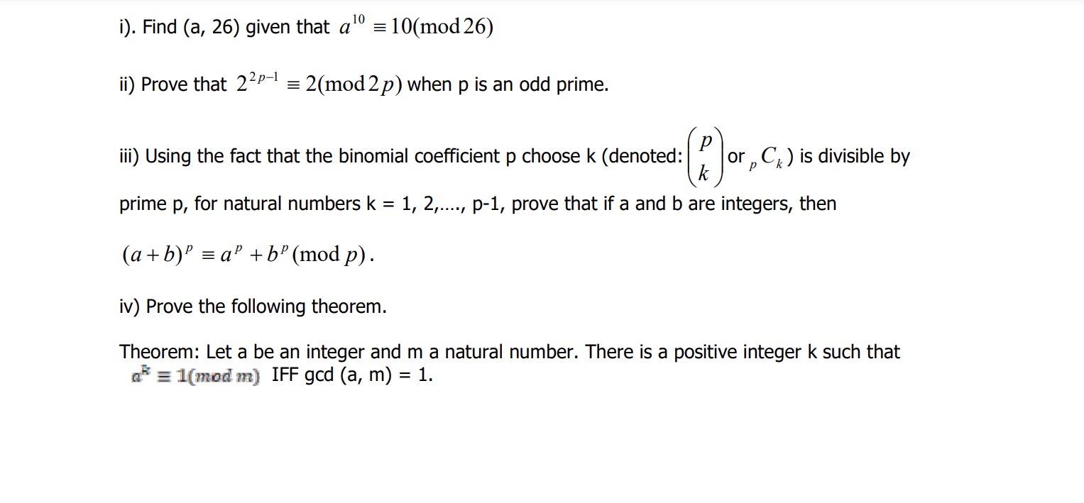 Solved 10 i). Find (a, 26) given that a' = 10(mod 26) ii) | Chegg.com
