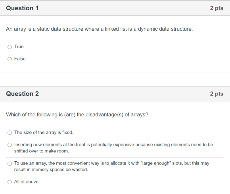 Solved Question 1 2 pts An array is a static data structure | Chegg.com