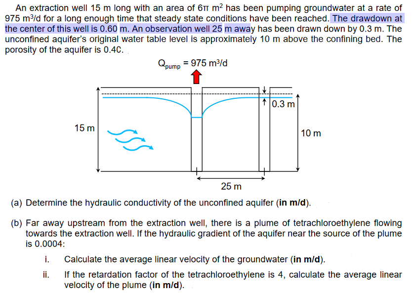 Solved An extraction well 15 m long with an area of 61 m2 | Chegg.com