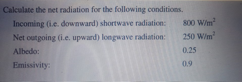 Solved Calculate the net radiation for the following | Chegg.com