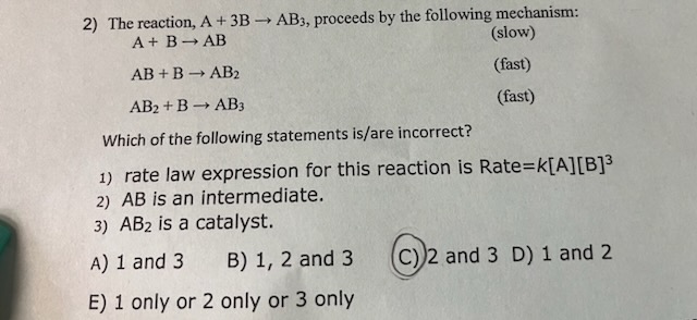 Solved 2) The reaction, A+3 B→AB3, proceeds by the following | Chegg.com