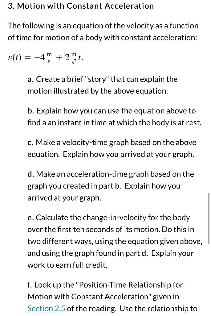 Solved 3. Motion with Constant Acceleration The following is | Chegg.com