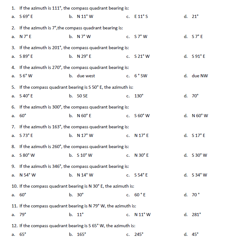Solved d. 21° 1. If the azimuth is 111°, the compass | Chegg.com