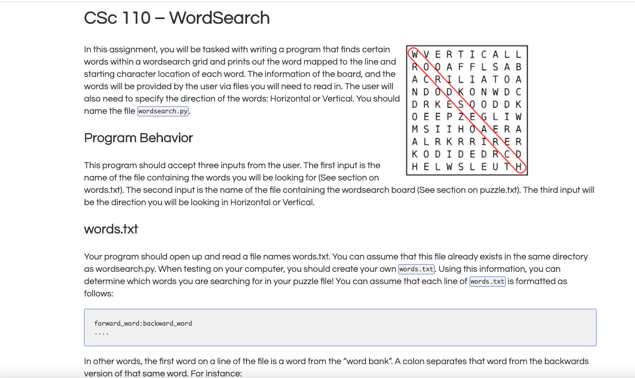 Solved CSC 110 - WordSearch In this assignment, you will be | Chegg.com