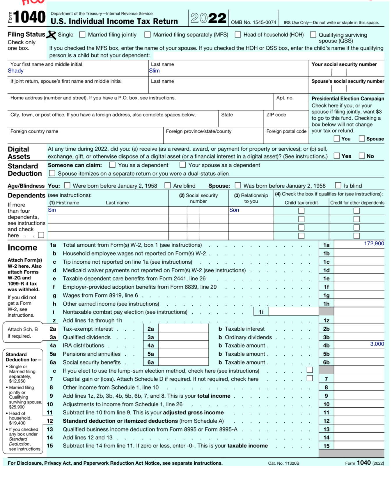Solved b-1. Complete page 1 of Form 1040 (through line 8b) . | Chegg.com